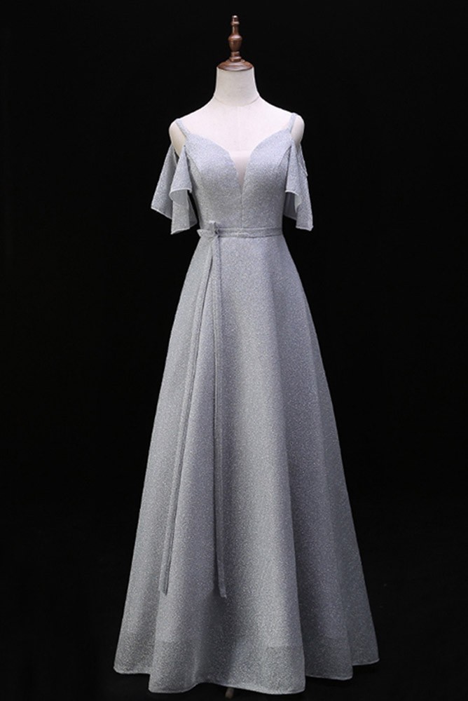 Elegant Grey Aline Long Prom Dress With Sash #R76111 - GemGrace.com