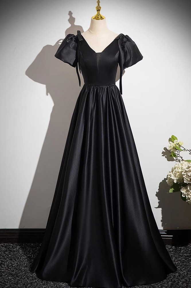 Special Long Black Satin Prom Dress Bubble Sleeved #JS6018 - GemGrace.com