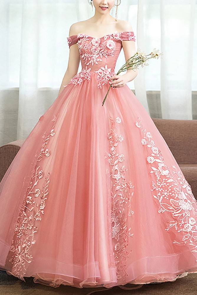 Off Shoulder Cute Ballgown Prom Dress With Flower Appliques #QY6004 ...