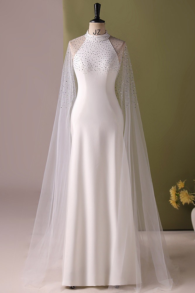 Long Halter Beaded Cape Sleeved Sheath Prom Dress #R76212 - GemGrace.com