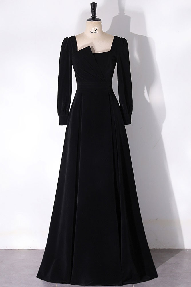 Long Sleeved Black Velvet Modest Prom Dress #R76071 - GemGrace.com
