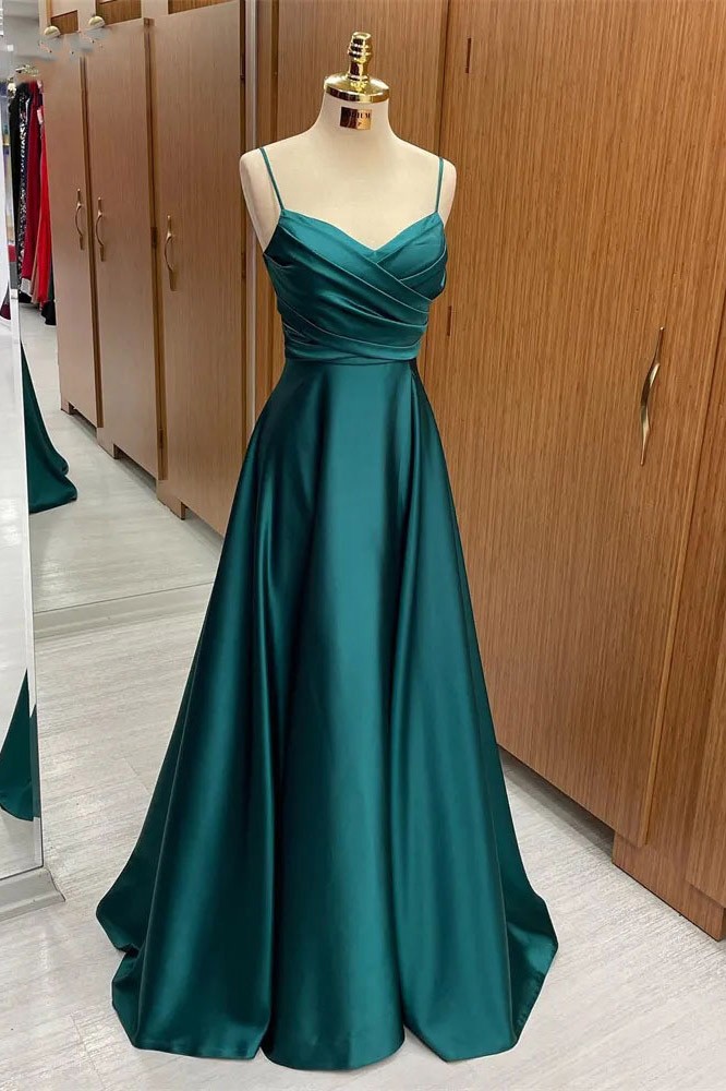 Slim Long Green Satin Aline Prom Dress With Straps #WS7107 - GemGrace.com