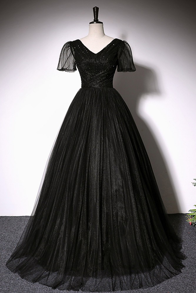Vneck Pleated Black Tulle Ballgown Prom Dress #R76134 - GemGrace.com