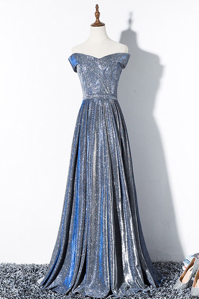 Off Shoulder Silver Slim Sparkly Prom Dress #R76106 - GemGrace.com