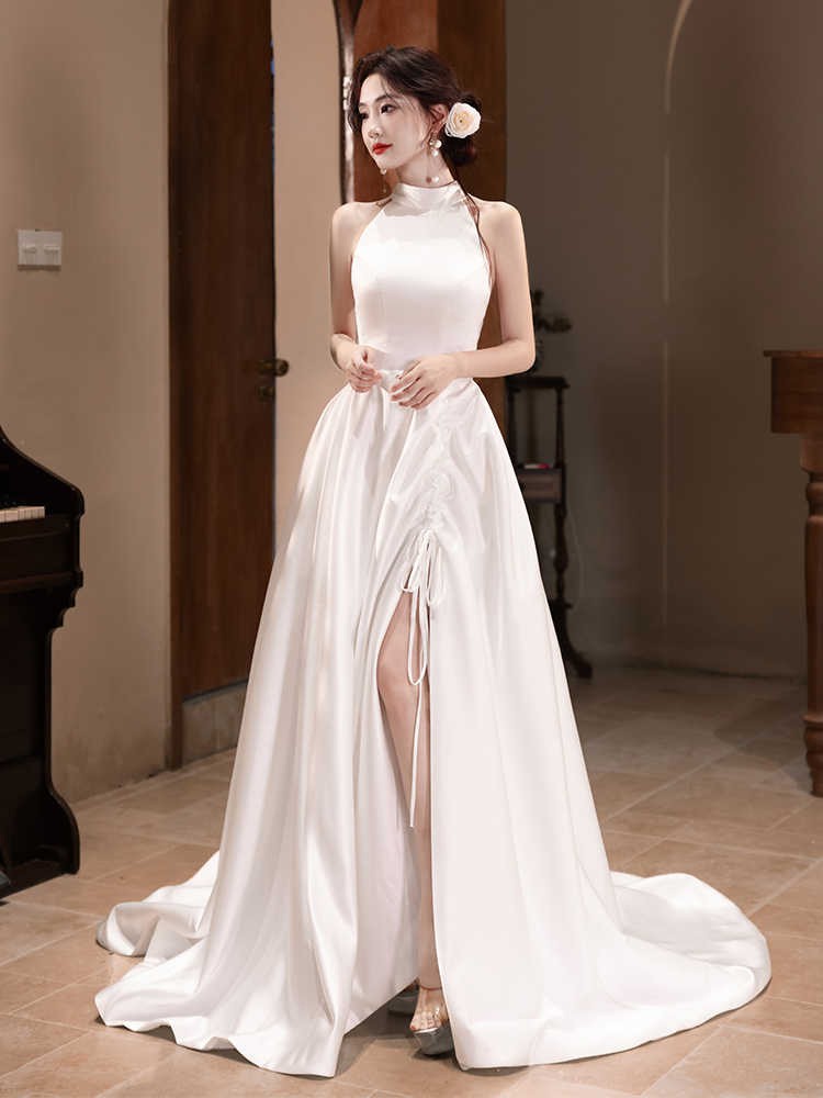 Chic Open Back Aline Satin Wedding Dress With Split Front #MA78024 ...