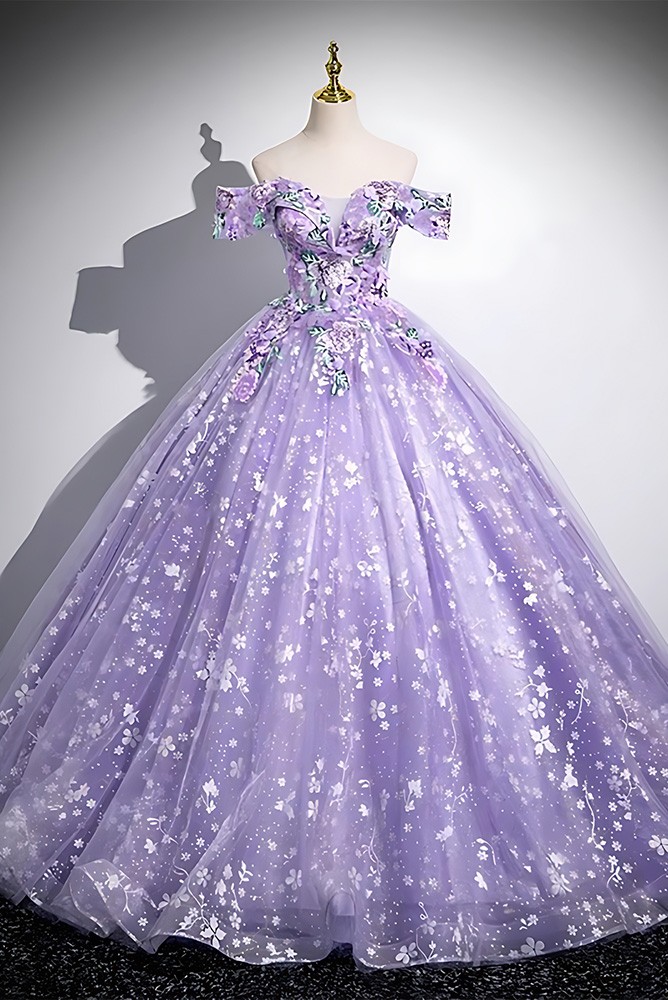 Graceful Purple Princess Wedding Dress With White Flowers - Off ...