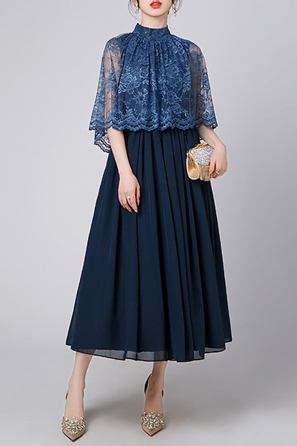 Navy Blue Lace Overlay Wedding Guest Dress With High Neck And Bell ...