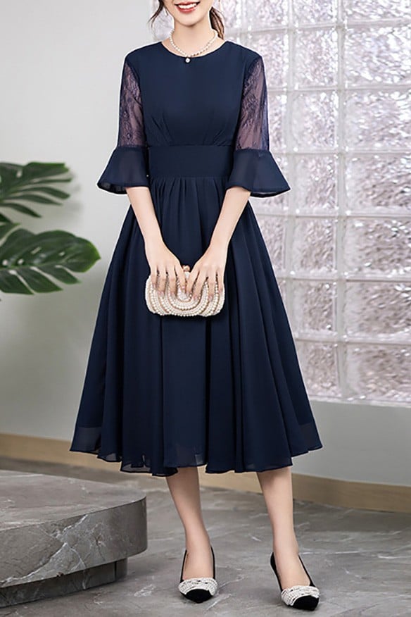 Elegant Navy Blue Semi Formal Midi Dress With Sheer Bell Sleeves #J1957 ...