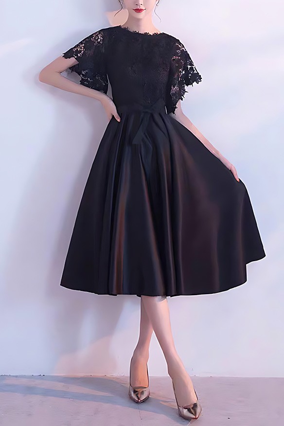 Retro Tea Length Satin Hoco Dress With Lace Sleeves #J1977 - GemGrace.com