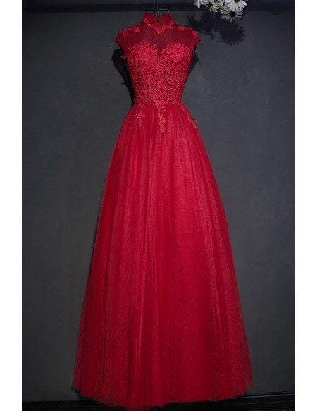 Burgundy Long Tulle High-Neck Lace Prom Party Dress Vintage Style # ...