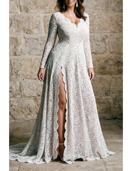 Exquisite Lace Long Sleeved Wedding Dress Open Back with Front Slit ...