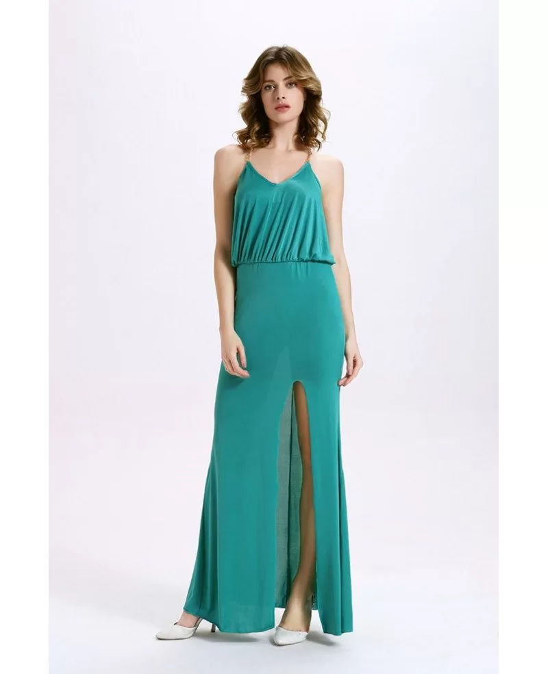 Green Spaghetti Strap Maxi Dress With Slit -GemGrace