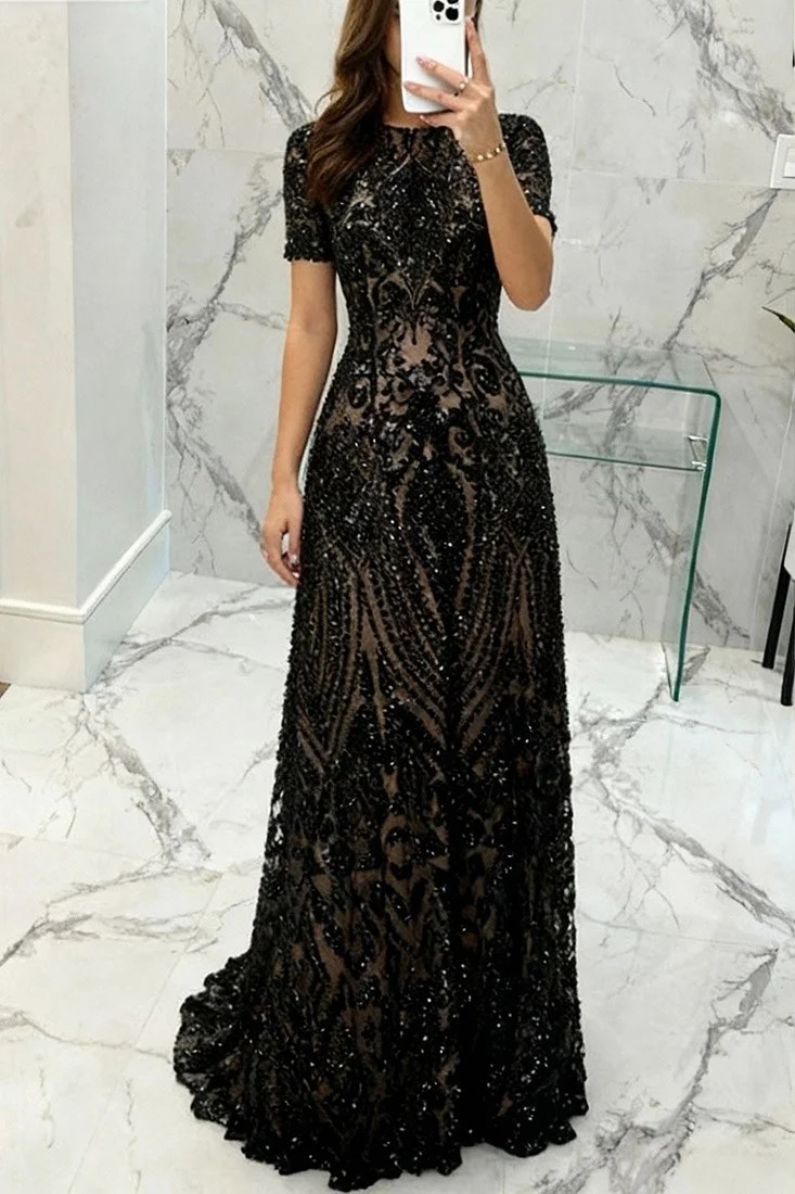 Black Long Sparkly Sequined Prom Dress with Short Sleeves Modest Formal ...