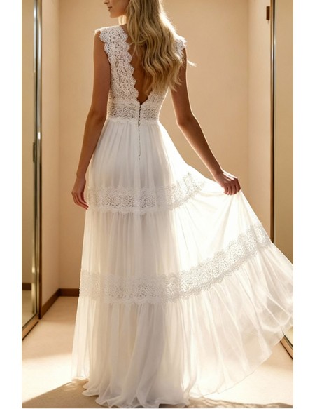 A Line Lace Vneck Simple Wedding Dress Featuring Lace Bodice V Back ...