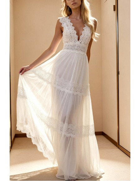 A Line Lace Vneck Simple Wedding Dress Featuring Lace Bodice V Back ...