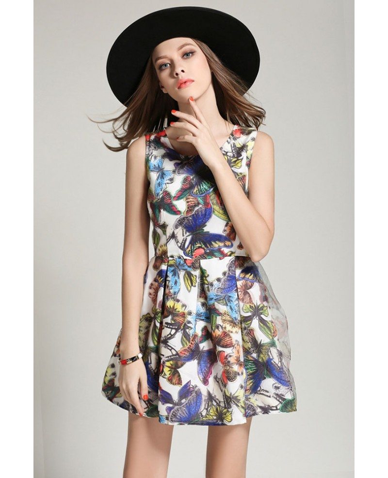 Scoop Neck Butterfly Print Short Ruffle Dress -GemGrace