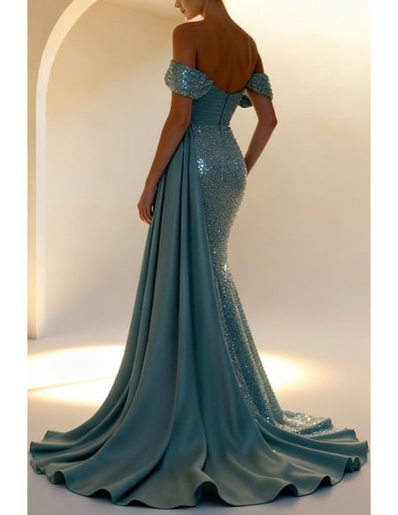 Sparkling Off Shoulder Aqua Blue Sequin Mermaid Prom Gown with Flowy ...