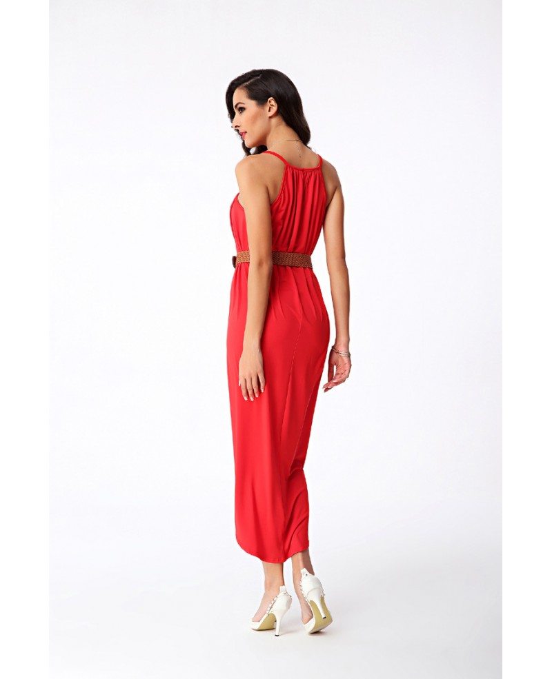 Spaghetti Strap Red Maxi Dress With Slit -GemGrace
